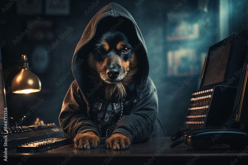 Hacker dog wearing a hoodie, sitting in front of a computer keyboard ...
