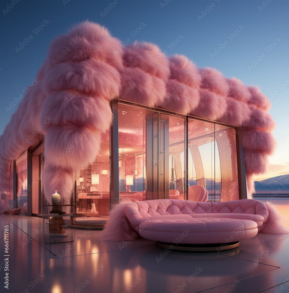 Fantastic house, pavilion with pink fur, cafe with with pink sofa ...