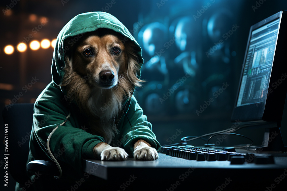 Hacker dog wearing a hoodie, sitting in front of a computer keyboard ...