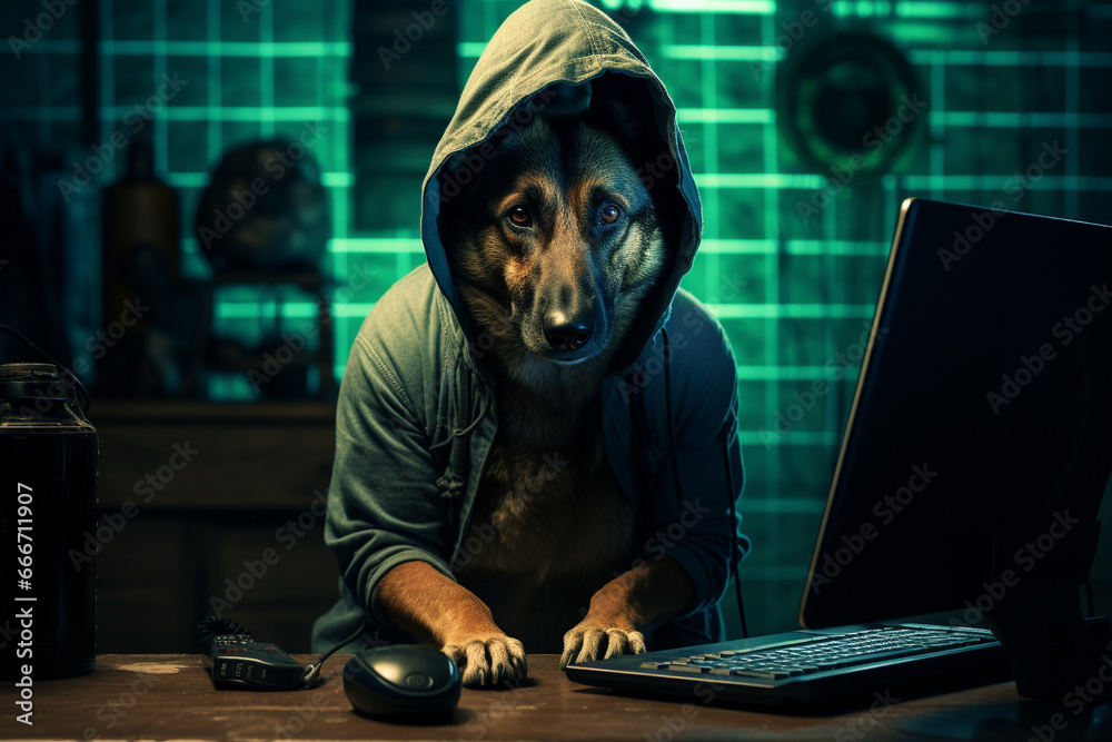 Hacker dog wearing a hoodie, sitting in front of a computer keyboard ...