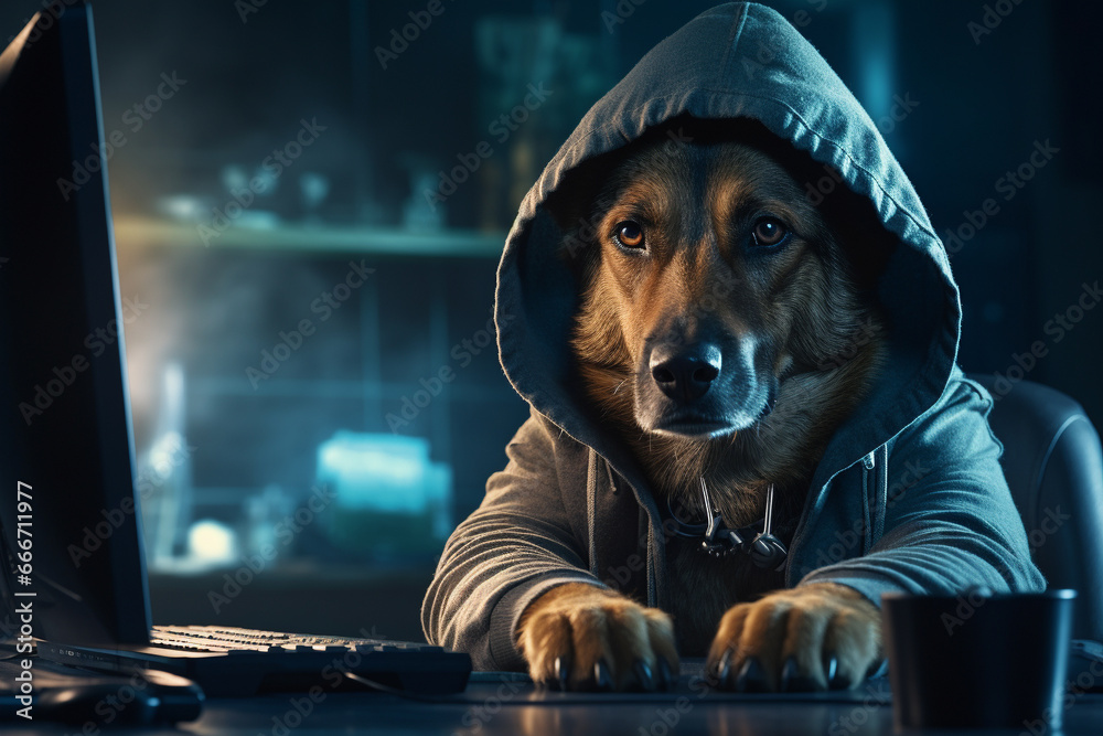 Hacker dog wearing a hoodie, sitting in front of a computer keyboard ...