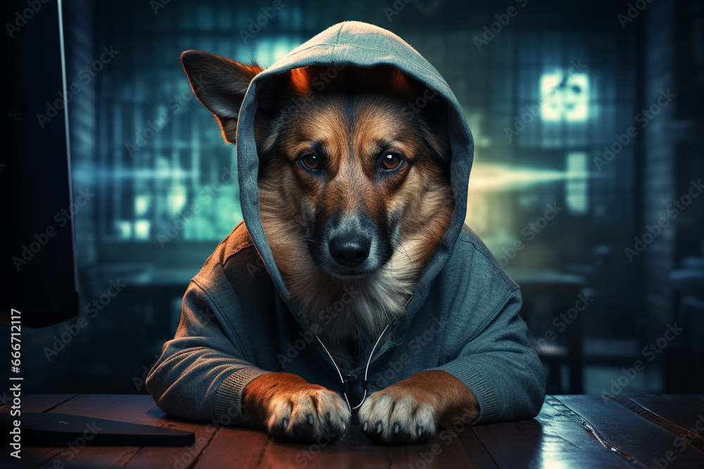 Hacker dog wearing a hoodie, sitting in front of a computer keyboard ...