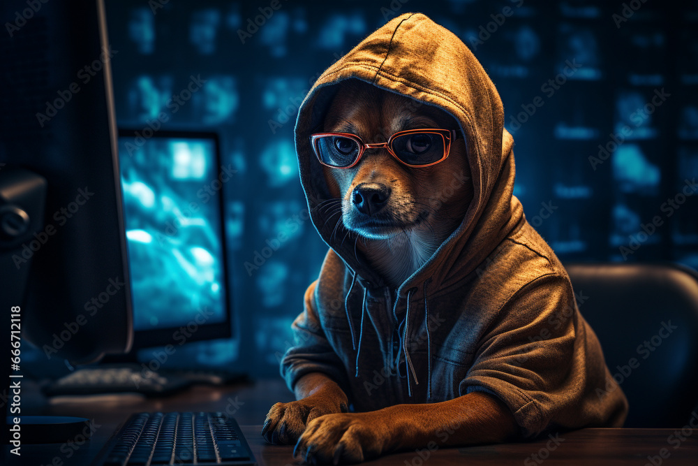 Hacker dog wearing a hoodie, sitting in front of a computer keyboard ...