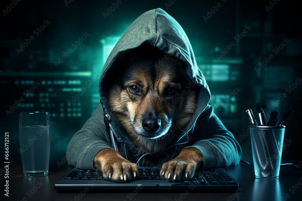 Hacker dog wearing a hoodie, sitting in front of a computer keyboard ...