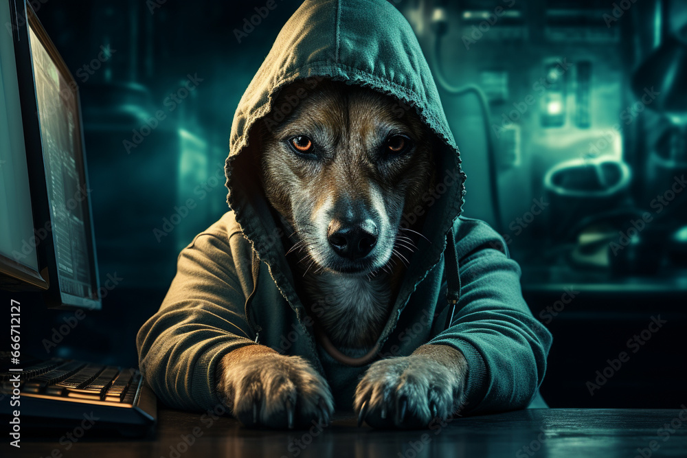 Hacker dog wearing a hoodie, sitting in front of a computer keyboard ...