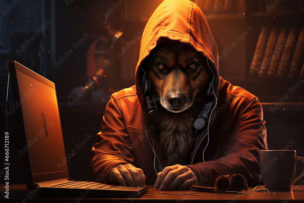 Hacker dog wearing a hoodie, sitting in front of a computer keyboard ...