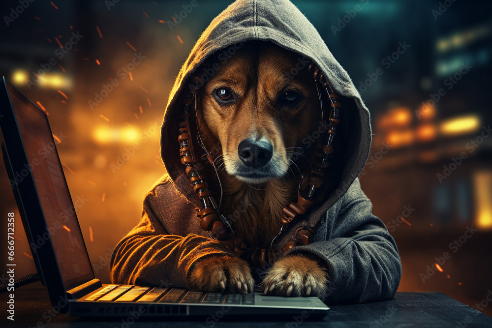 Hacker dog wearing a hoodie, sitting in front of a computer keyboard ...