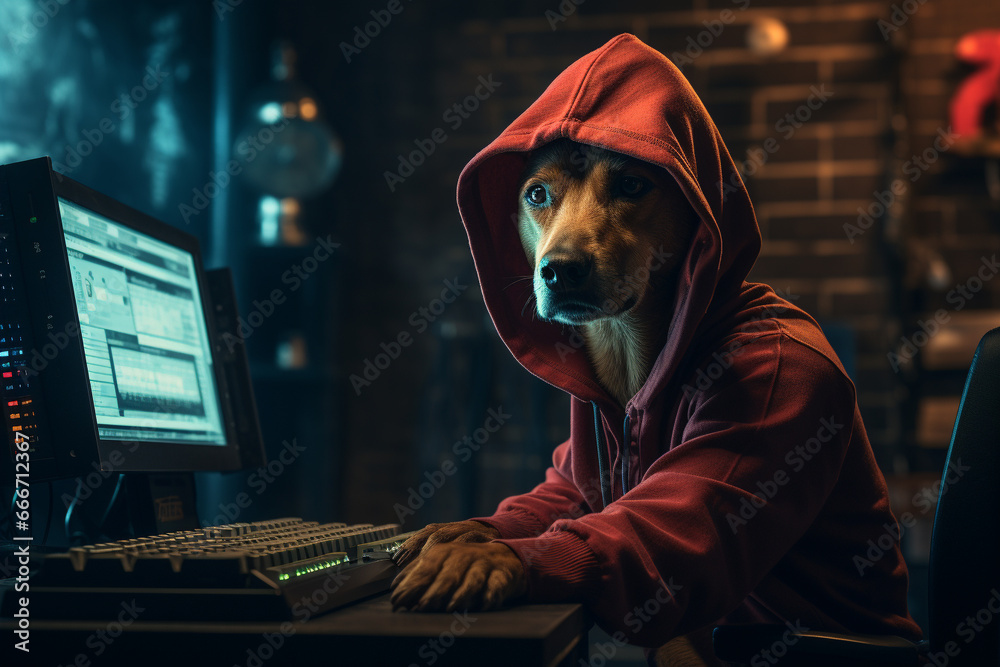 Hacker dog wearing a hoodie, sitting in front of a computer keyboard ...