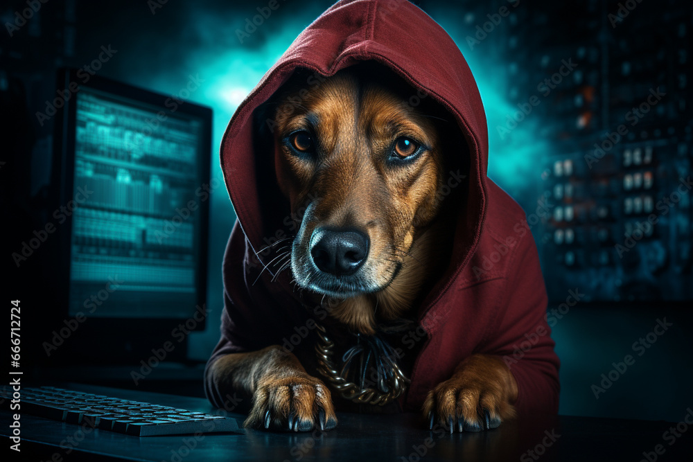 Hacker dog wearing a hoodie, sitting in front of a computer keyboard ...