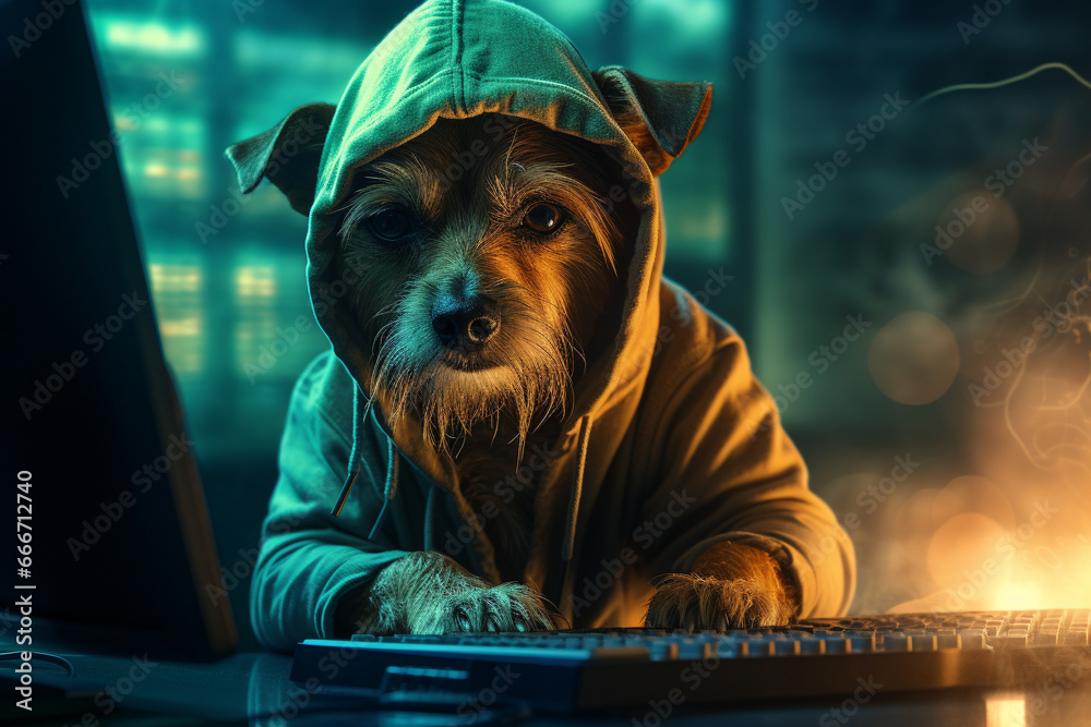 Hacker dog wearing a hoodie, sitting in front of a computer keyboard ...