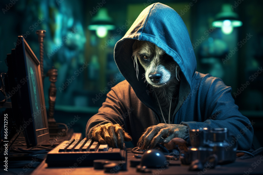Hacker dog wearing a hoodie, sitting in front of a computer keyboard ...