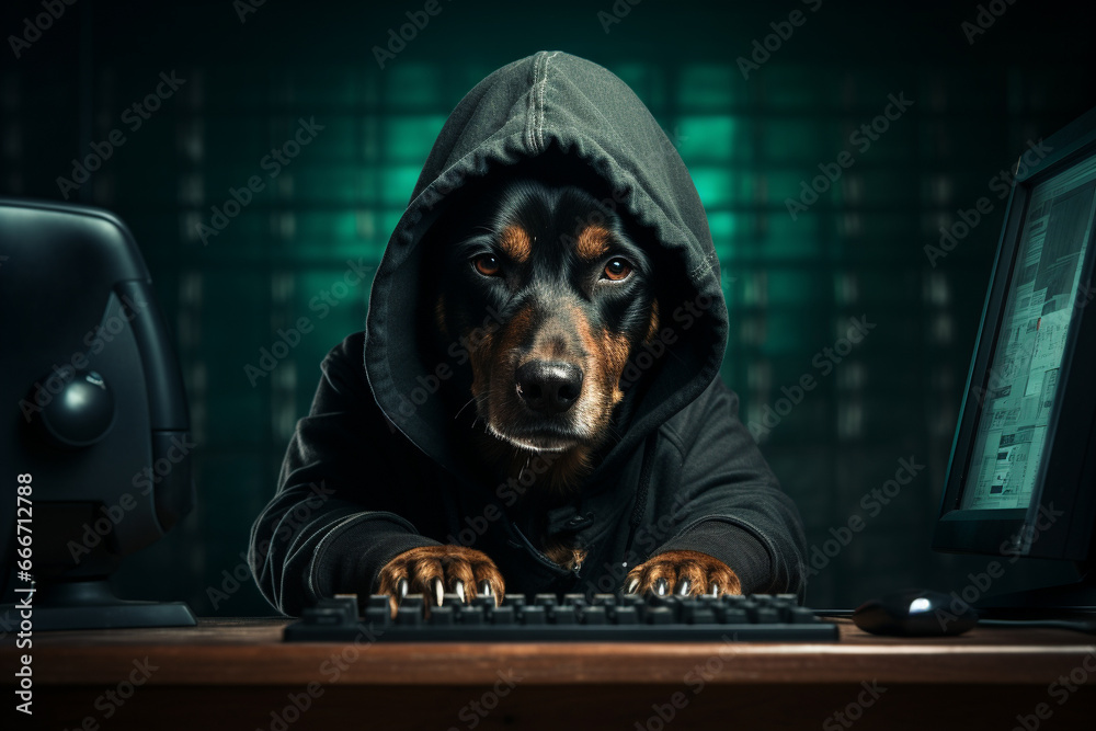 Hacker dog wearing a hoodie, sitting in front of a computer keyboard ...