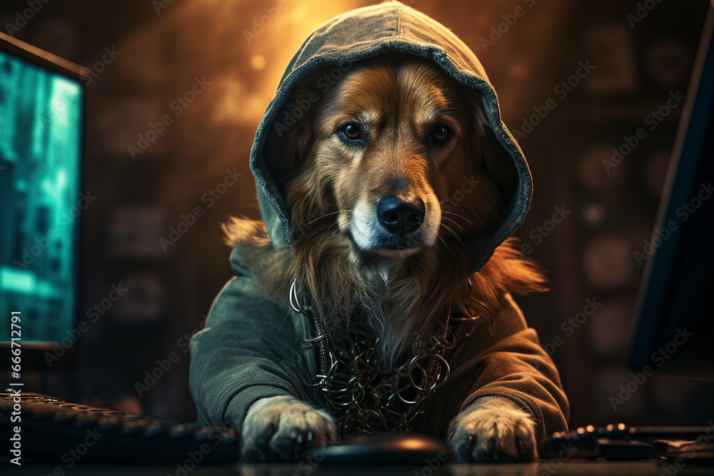 Hacker dog wearing a hoodie, sitting in front of a computer keyboard ...