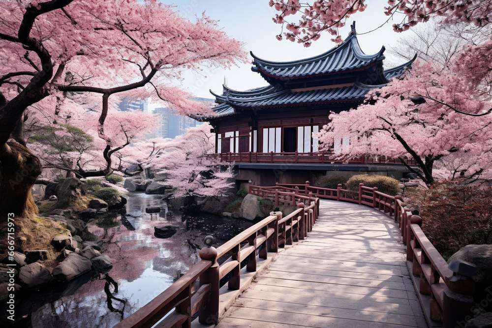 Japanese garden, graced by the delicate beauty of blossomed cherry ...