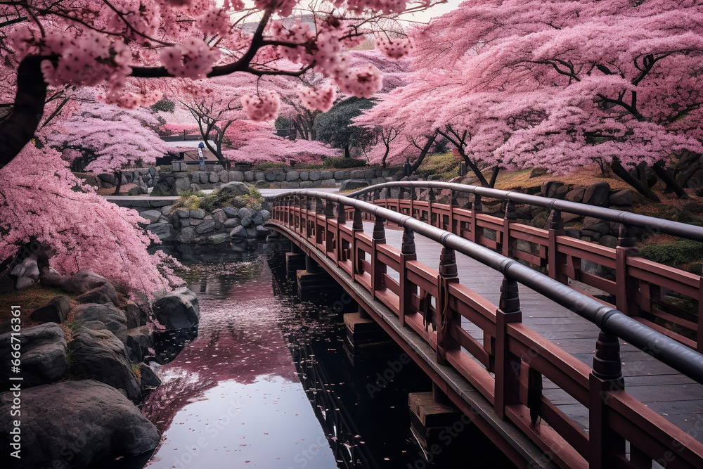 Japanese garden, graced by the delicate beauty of blossomed cherry ...