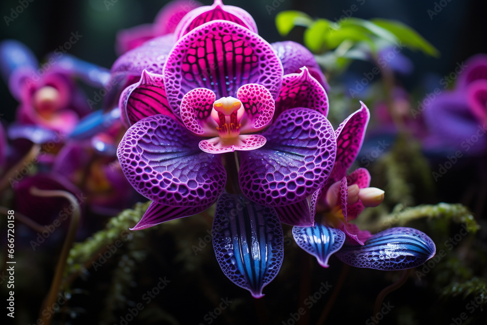 Intricate details of a rare and exotic flower in a lush rainforest ...