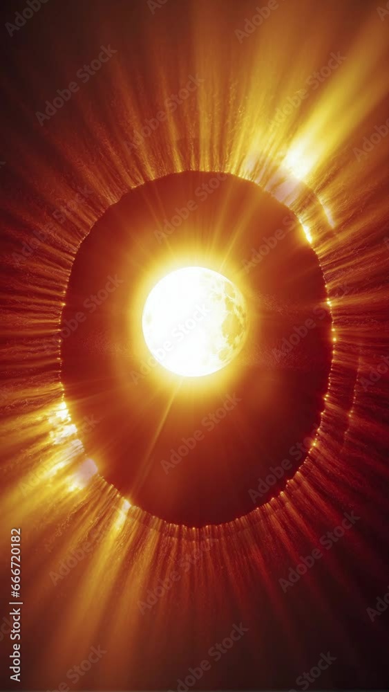 a large, bright sun with a solar flare, surrounded by a red and orange ...