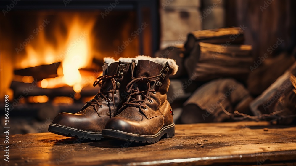 In front of a fireplace, winter boots are drying. Vintage folk boots ...