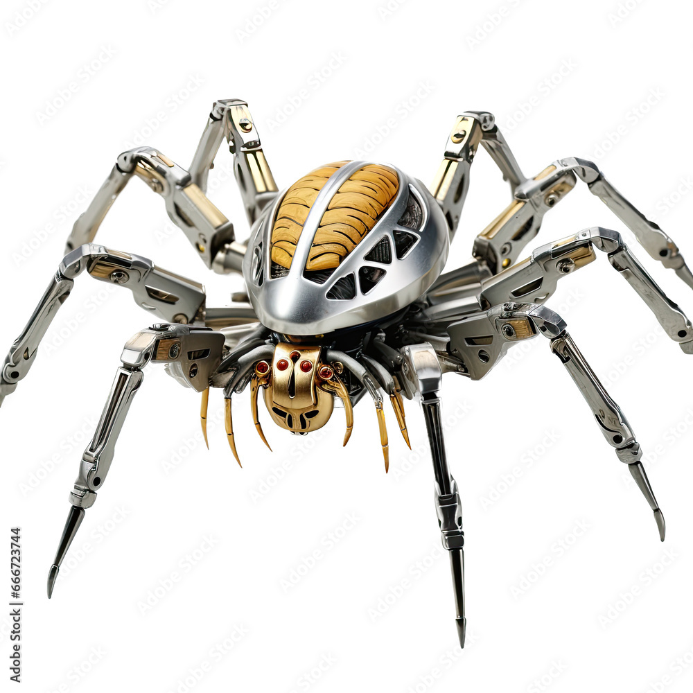 a bionic AI robotic spider, cyber intelligent, 3/4 view, in an isolated ...