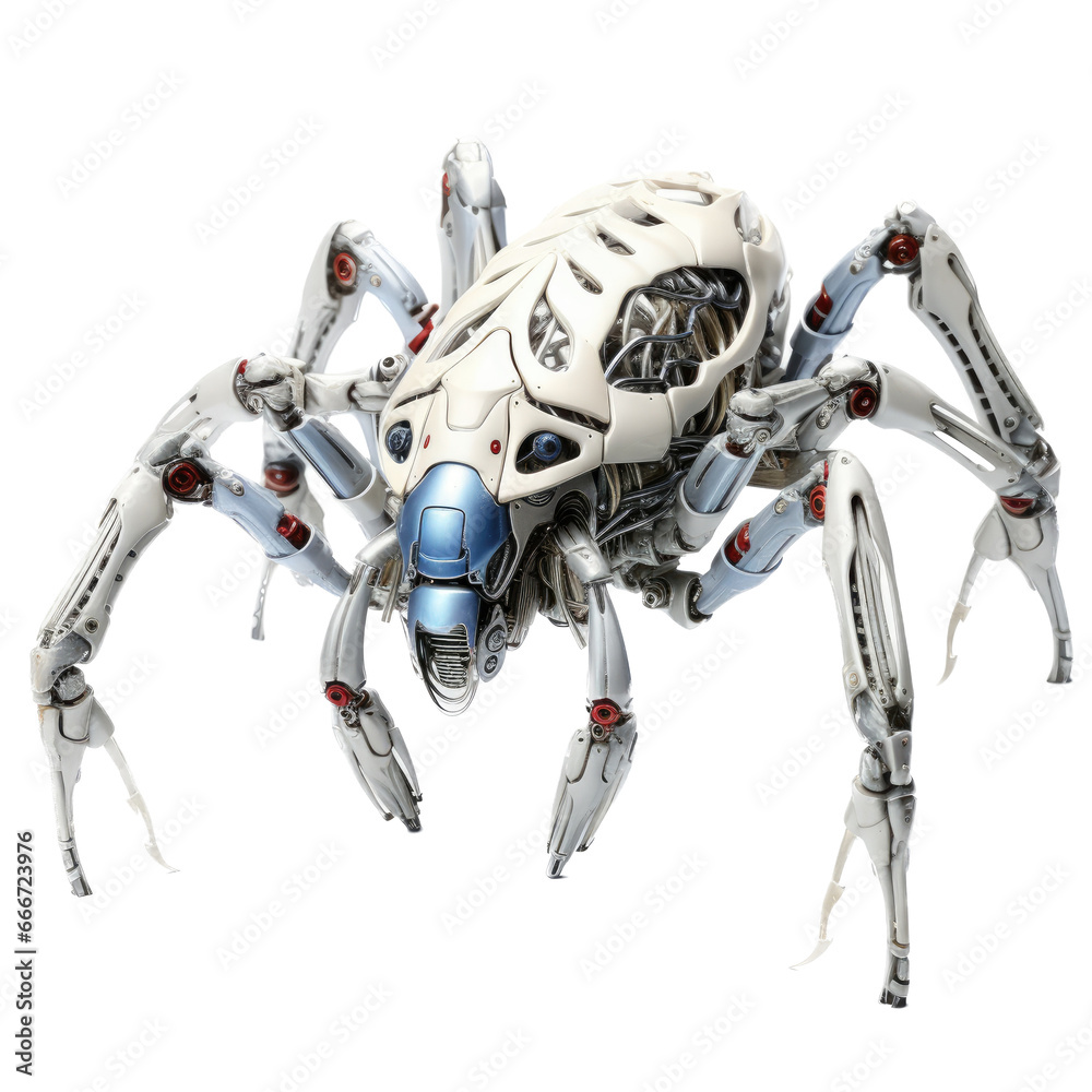 a bionic AI robotic spider, cyber intelligent, 3/4 view, in an isolated ...