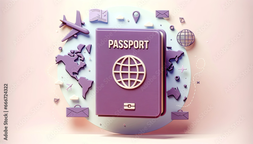 Illustration of a 3D purple passport set against a soft pastel backdrop ...