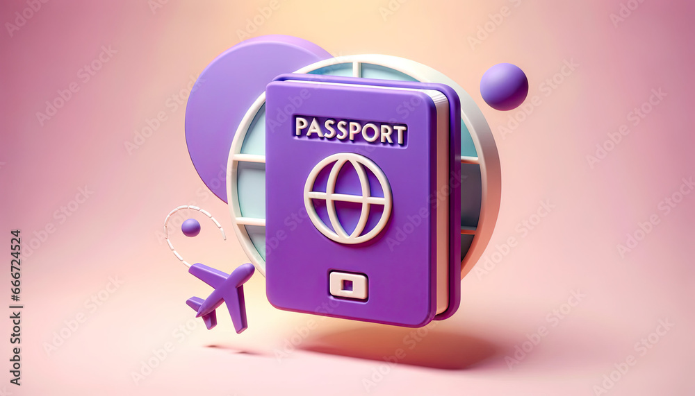 Illustration of a 3D purple passport set against a soft pastel backdrop ...