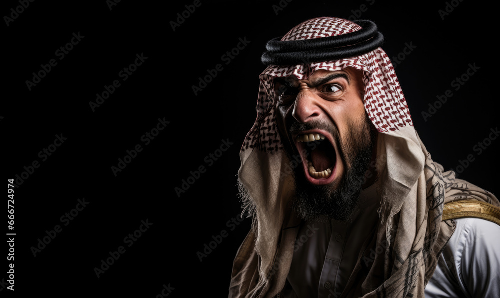 Intense Expression of Anguish and Extremism. Yelling Arab Man with a ...