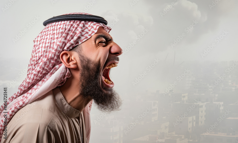 Emotional Outburst: Arab Man's Profile. Fierce Emotion: Arab Man's Profile Shouting. yelling ...