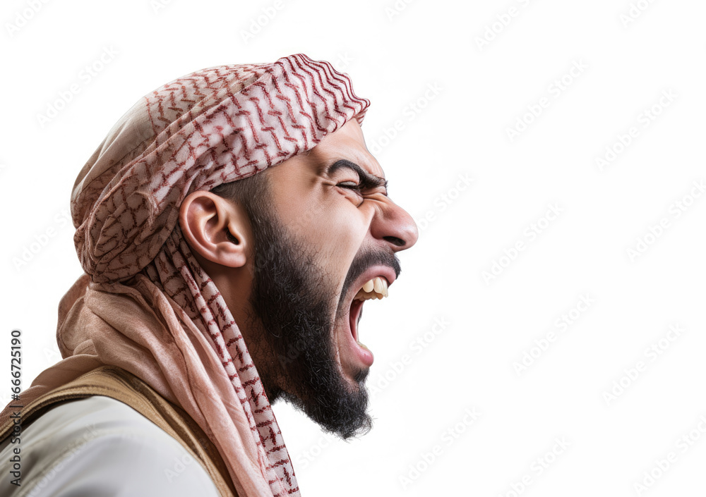 Passionate Yelling with Long Beard. Profile of an Arab Man Expressing ...