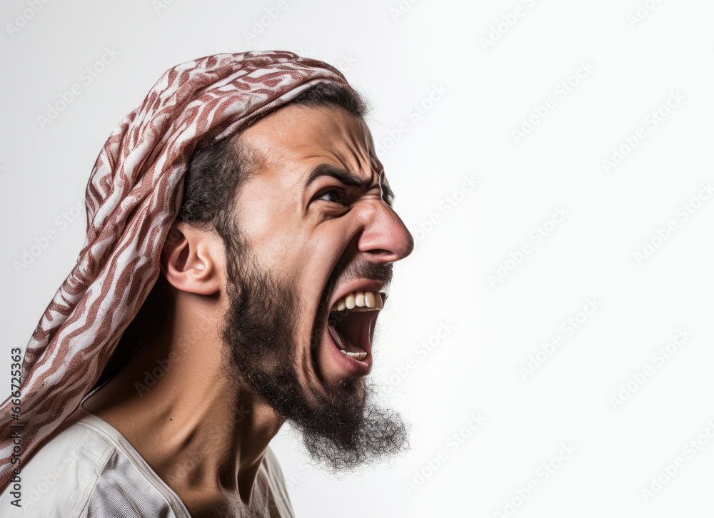 Angry yelling Arab man. White background. Profile side view. Long beard ...