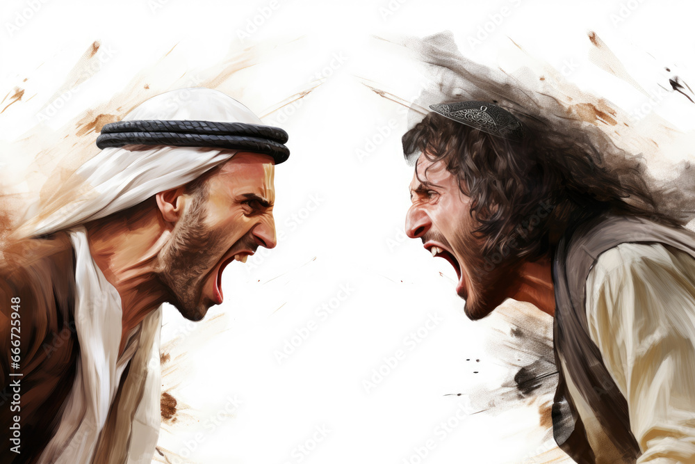 Extremism Unmasked: Rivalry in the Middle East. Arab man vs. Jewish man ...