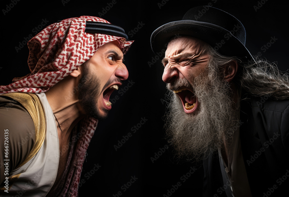 Conflict Zone Confrontation: Extremists at Odds. Arab man vs. Jewish ...