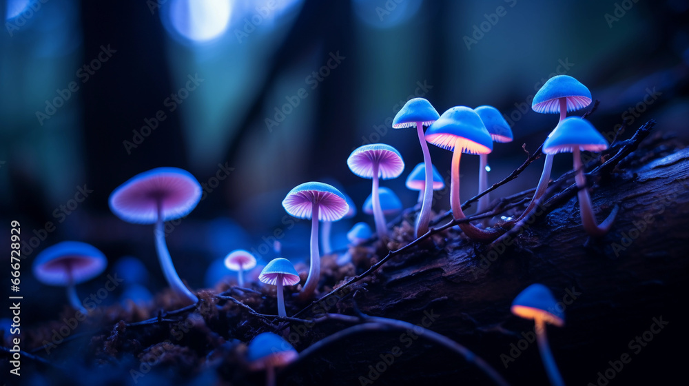 Clusters of luminescent Mycena mushrooms glowing in a dark forest at twilight, blue ...
