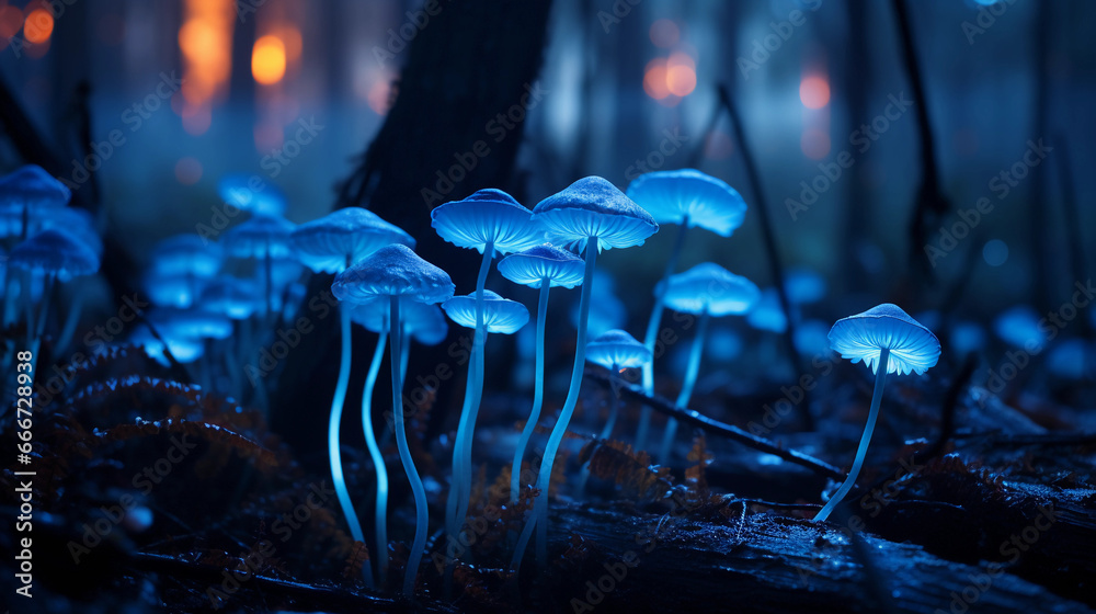 Clusters of luminescent Mycena mushrooms glowing in a dark forest at ...