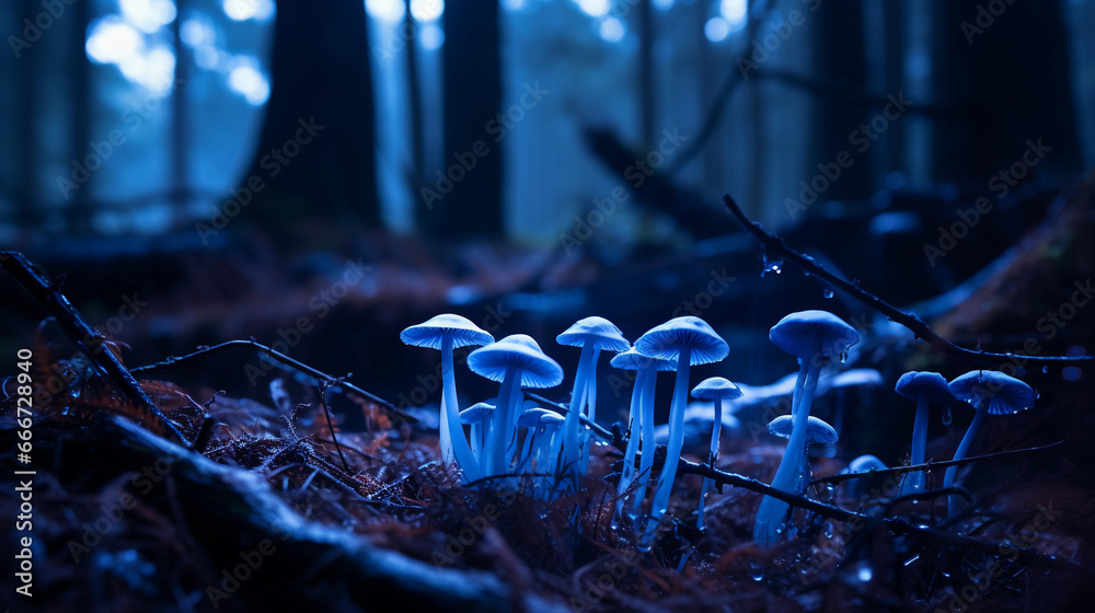 Clusters of luminescent Mycena mushrooms glowing in a dark forest at ...