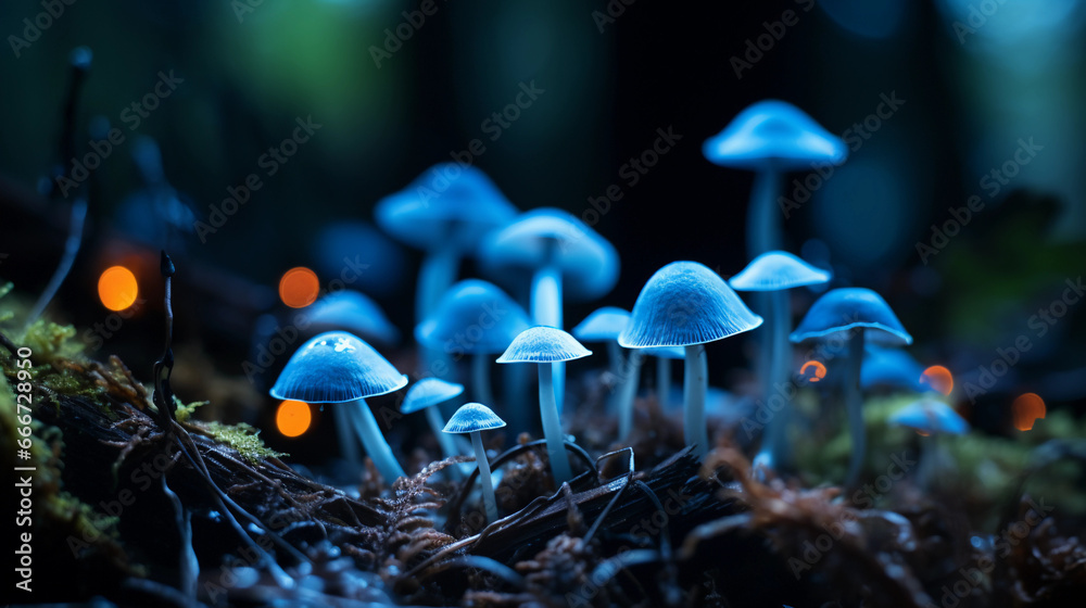 Clusters of luminescent Mycena mushrooms glowing in a dark forest at ...