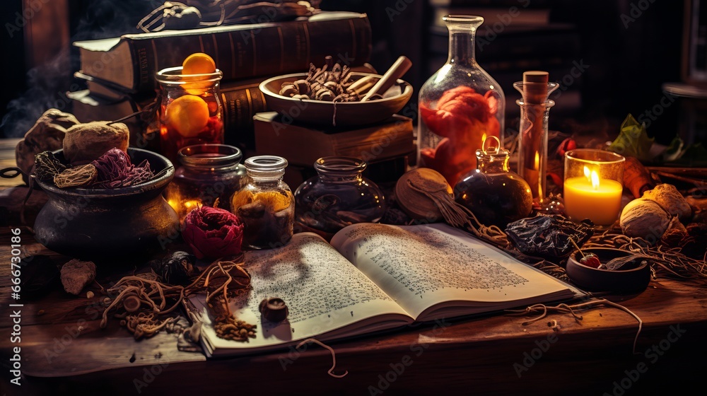The alchemy lab consists of mortar and pestle crystals, snakeskin ...