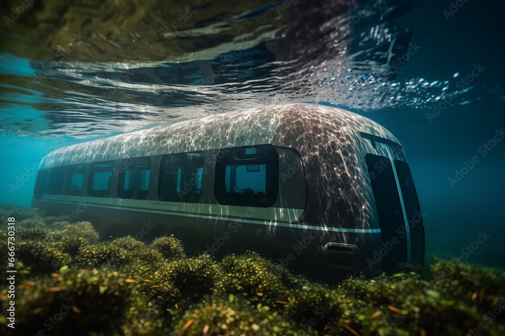 Amphibious bus as submarine. Passenger wagon in cruise undersea ...