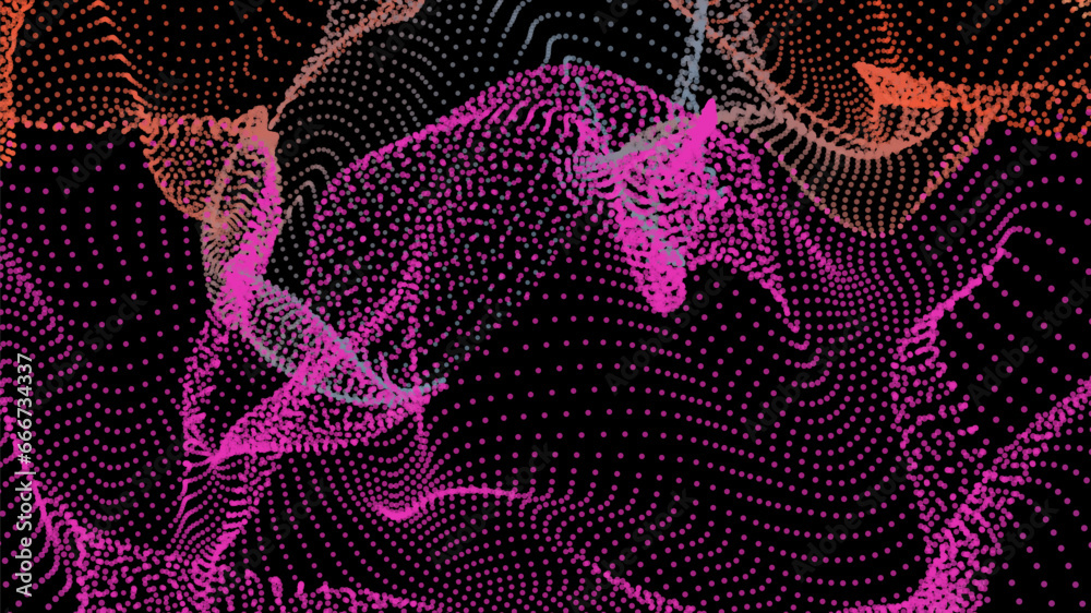 Energy net flows. Dot particle lines penetrating fog. Neon lights ...