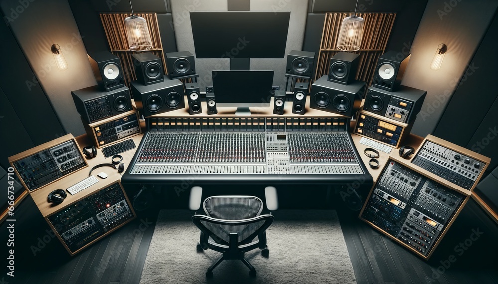 Bird's-eye view of a recording studio control room with a central ...