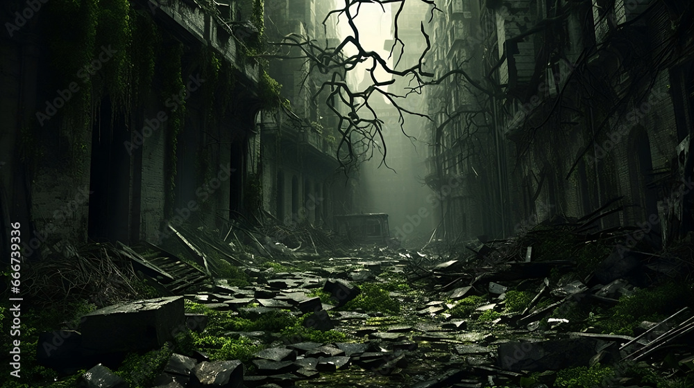 Eerie Desolation: Dark Abandoned City Street Overgrown with Nature ...