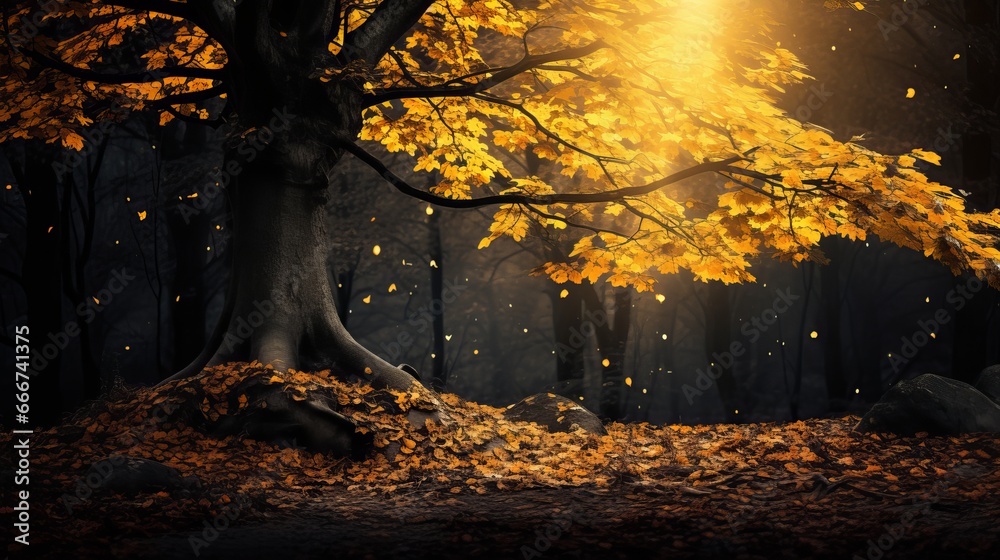 The scene depicts the fall season in a dark forest with a lonely tree ...