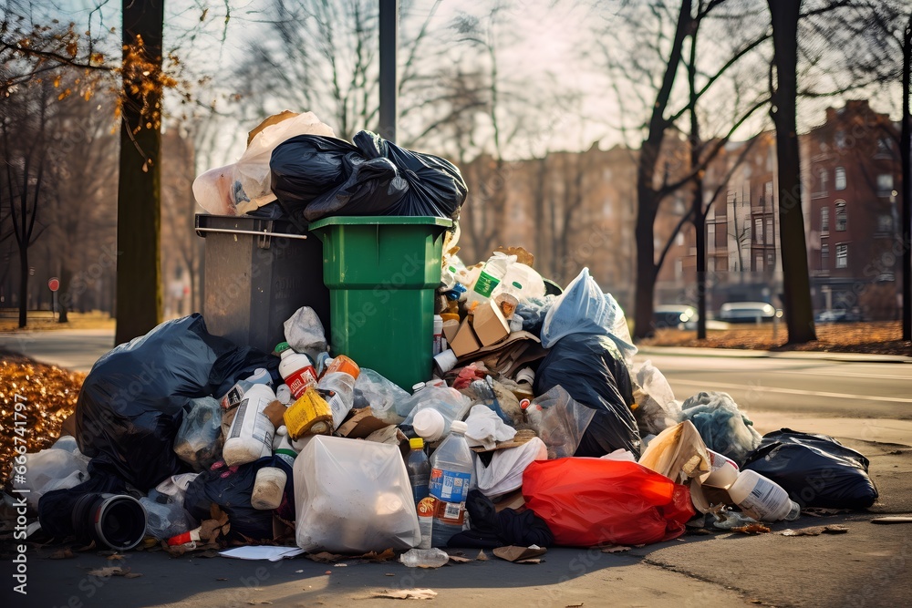 Garbage containers full of trash. Green plastic rubbish bin. Stock ...