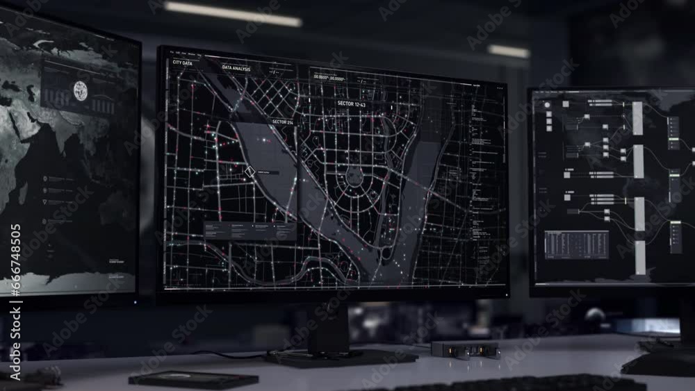 Secret surveillance scanner analyzing the night city. Secret ...