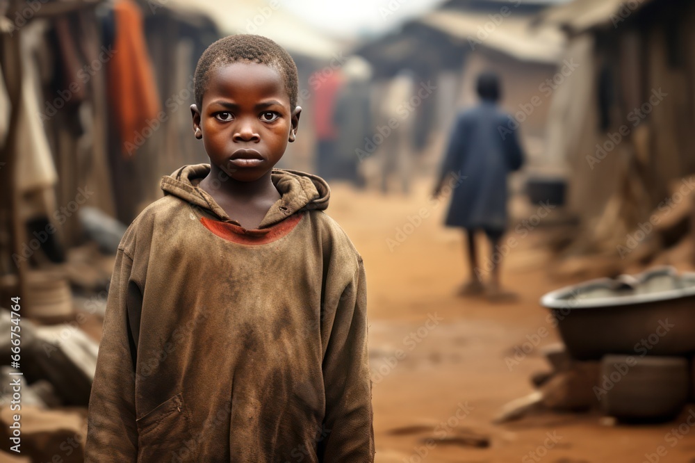 African boy in poor village in Africa. Social issues, hunger, poverty ...