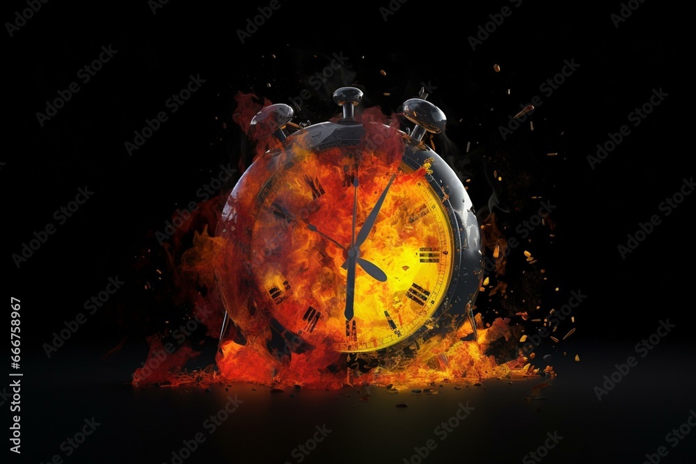 Clock engulfed in explosive fire and ice amidst black background ...