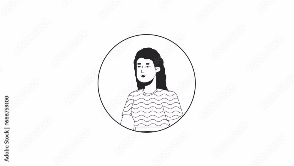 Wavy hair young adult woman hello wave bw outline 2D avatar animation ...
