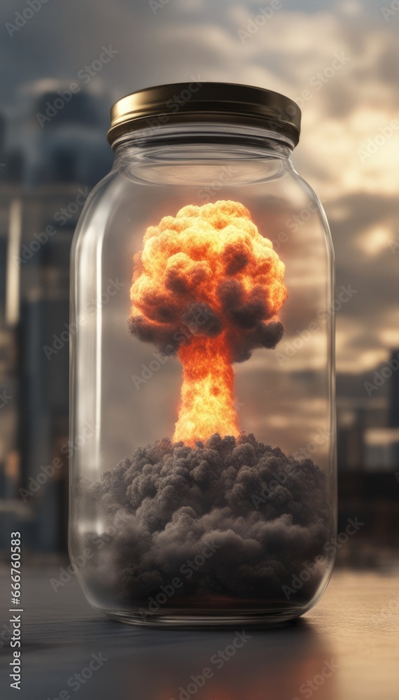 A nuclear explosion with a nuclear cloud in a glass jar with a lid ...
