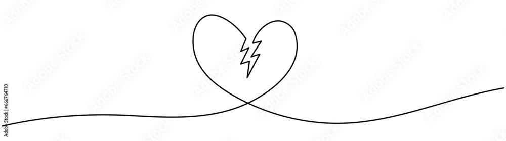 Broken heart continuous one line art drawing. Heart wavy line. Unhappy ...