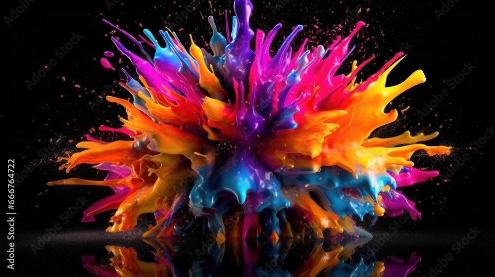 Neon color explosion with paint splashes on a black background. AI generated Stock Illustration ...